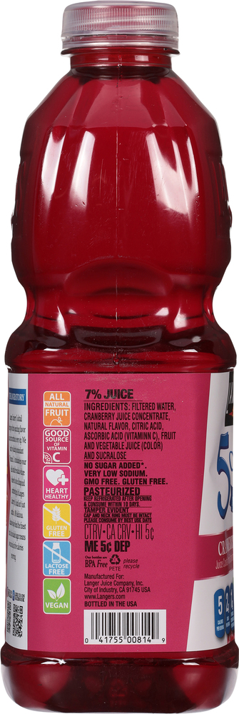 Langers Juice Cocktail, No Sugar Added, Cranberry-Planogram-Left