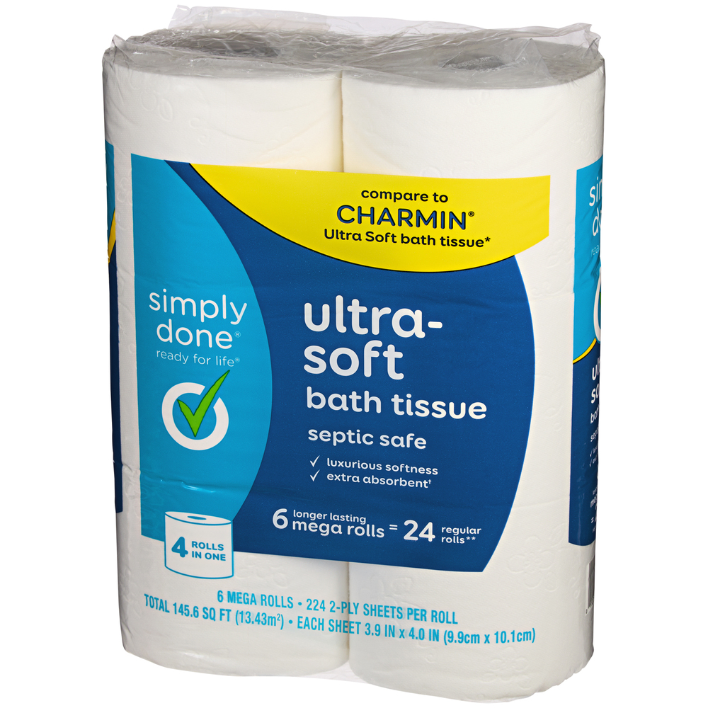 Simply Done Bath Tissue, Ultra-Soft, Mega Rolls, 2-Ply-Front-Right-Elevated