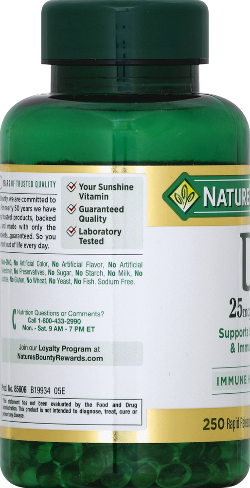 Nature's Bounty Vitamin D3, 25 mcg (1000 IU), Rapid Release Softgels-Planogram-Left