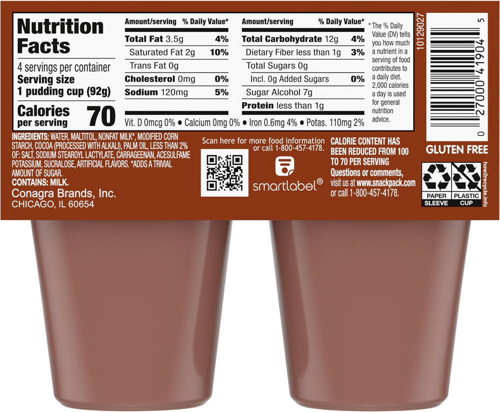 Snack Pack Pudding, Sugar Free, Chocolate-Planogram-Back