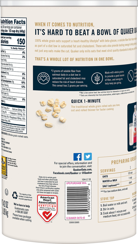 Quaker Oats Oats, Quick 1-Minute, 100% Whole Grain, Rolled-Planogram-Back