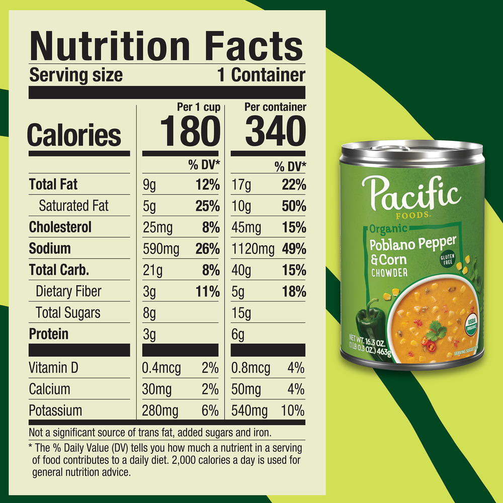 Pacific Foods Chowder, Organic, Poblano Pepper & Corn-Nutrition-Facts
