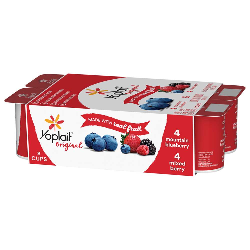 Yoplait Original Yogurt, Low Fat, Mountain Blueberry, Mixed Berry-Front-Right-Elevated