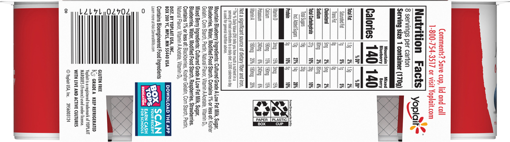 Yoplait Original Yogurt, Low Fat, Mountain Blueberry, Mixed Berry-Planogram-Back