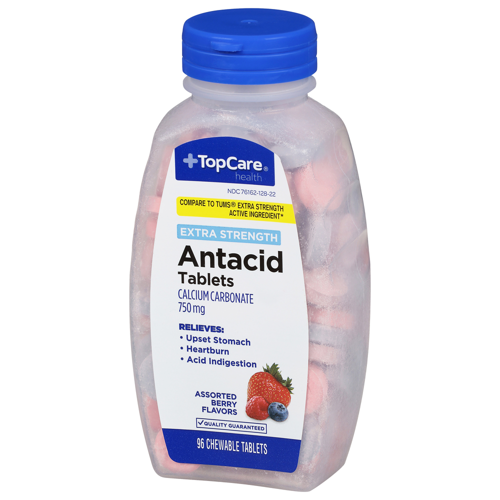 TopCare Health Antacid, Extra Strength, 750 mg, Chewable Tablets, Assorted Berry Flavors-Front ...