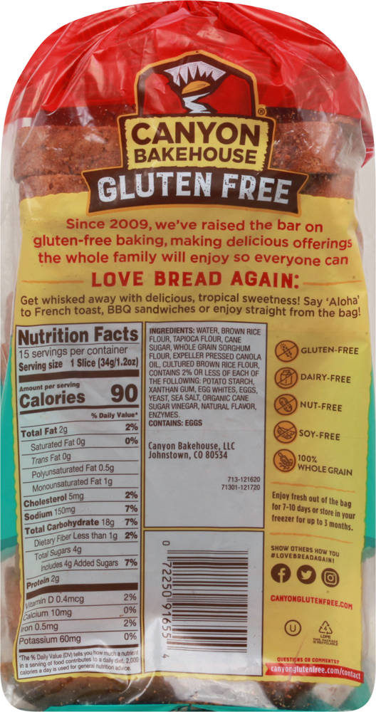 Canyon Bakehouse Bread, 100% Whole Grain, Gluten Free, Hawaiian Sweet ...