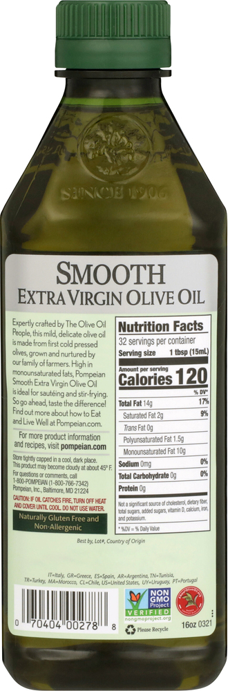 Pompeian Olive Oil, Extra Virgin, Smooth-Planogram-Back