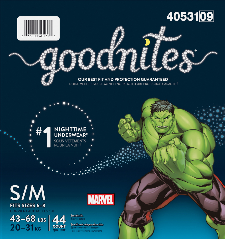 GoodNites Underwear, Nighttime, Marvel, S/M (43-68 lbs), Boys-Planogram ...