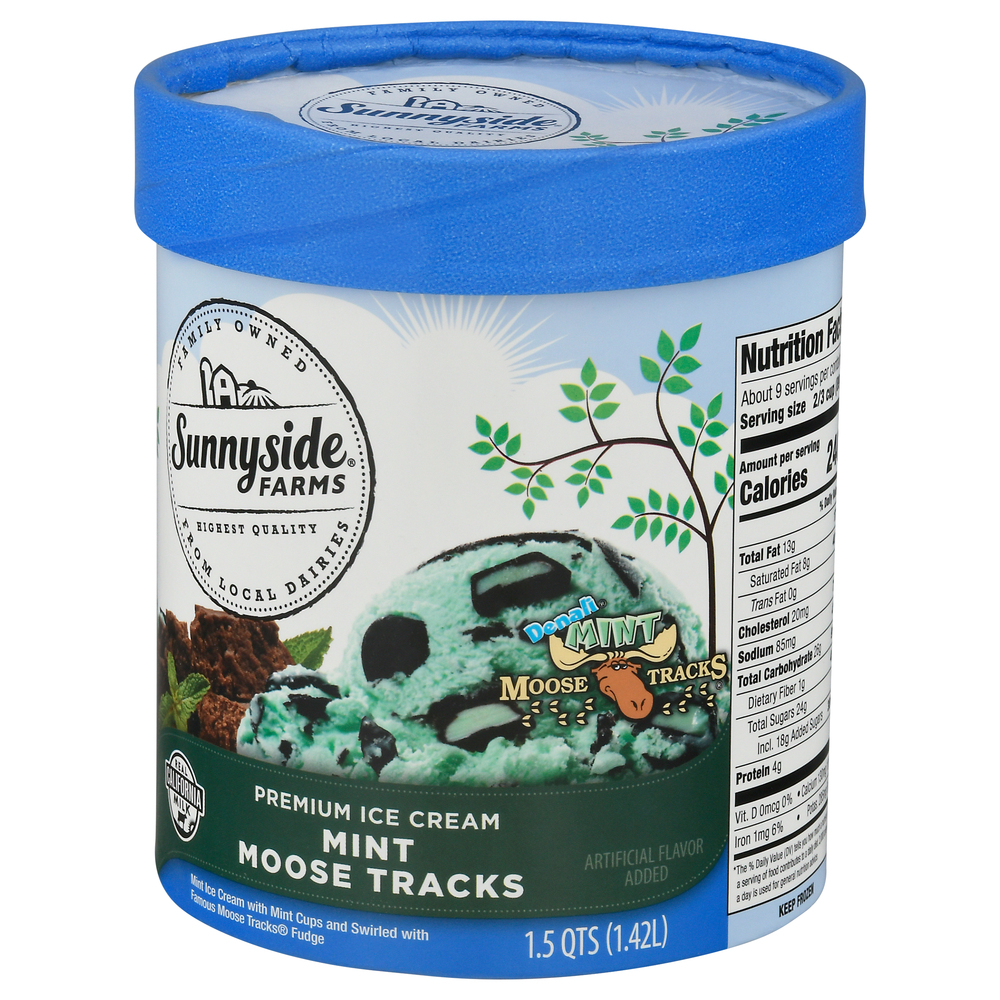 Sunnyside Farms Ice Cream, Premium, Mint Moose Tracks-Front-Right-Elevated