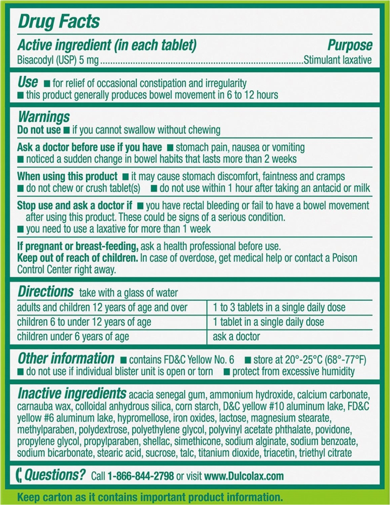 Dulcolax Laxative, Overnight, 5 mg, Comfort Coated Tablets-Planogram-Back