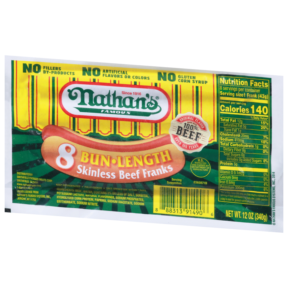 Nathan's Famous Beef Franks, Skinless, Bun Length-Front-Right-Elevated