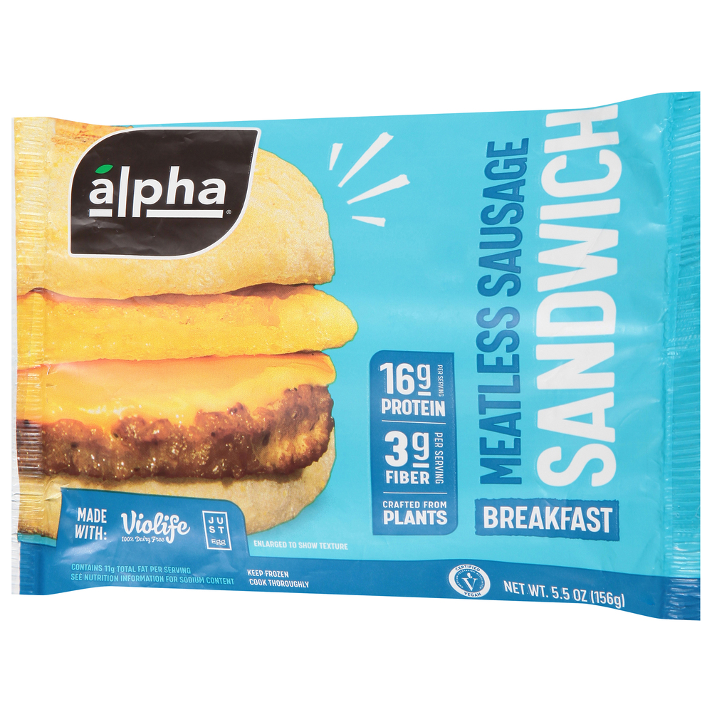 Alpha Breakfast Sandwich, Meatless Sausage-Front-Right-Elevated