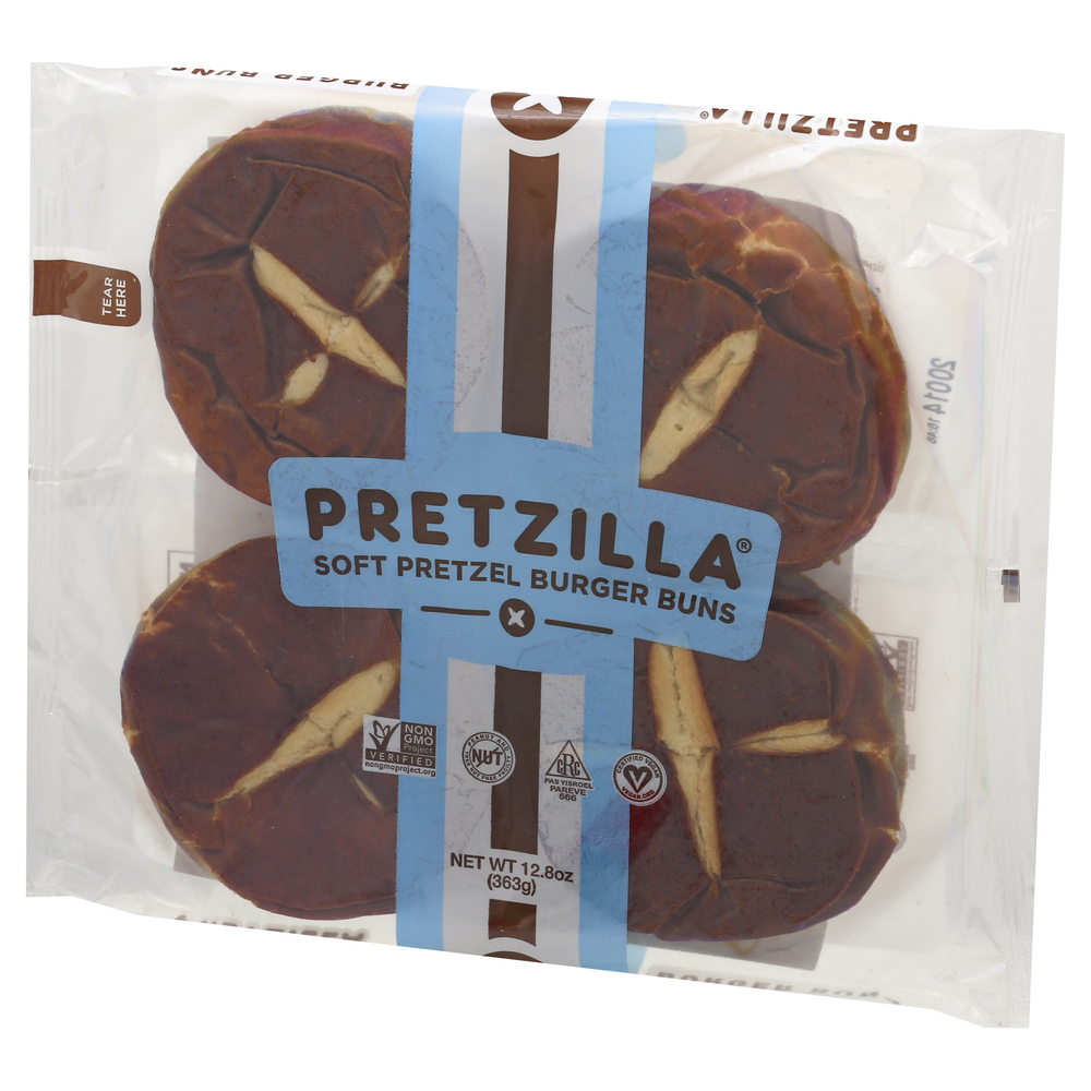 Pretzilla Burger Buns, Soft Pretzel-Front-Right-Elevated
