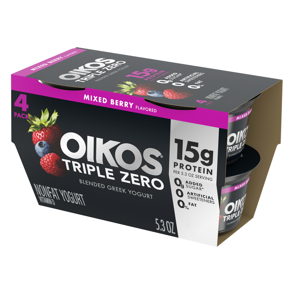 Oikos Triple Zero Yogurt, Greek, Mixed Berry Flavored, Blended, 4 Pack-Hero