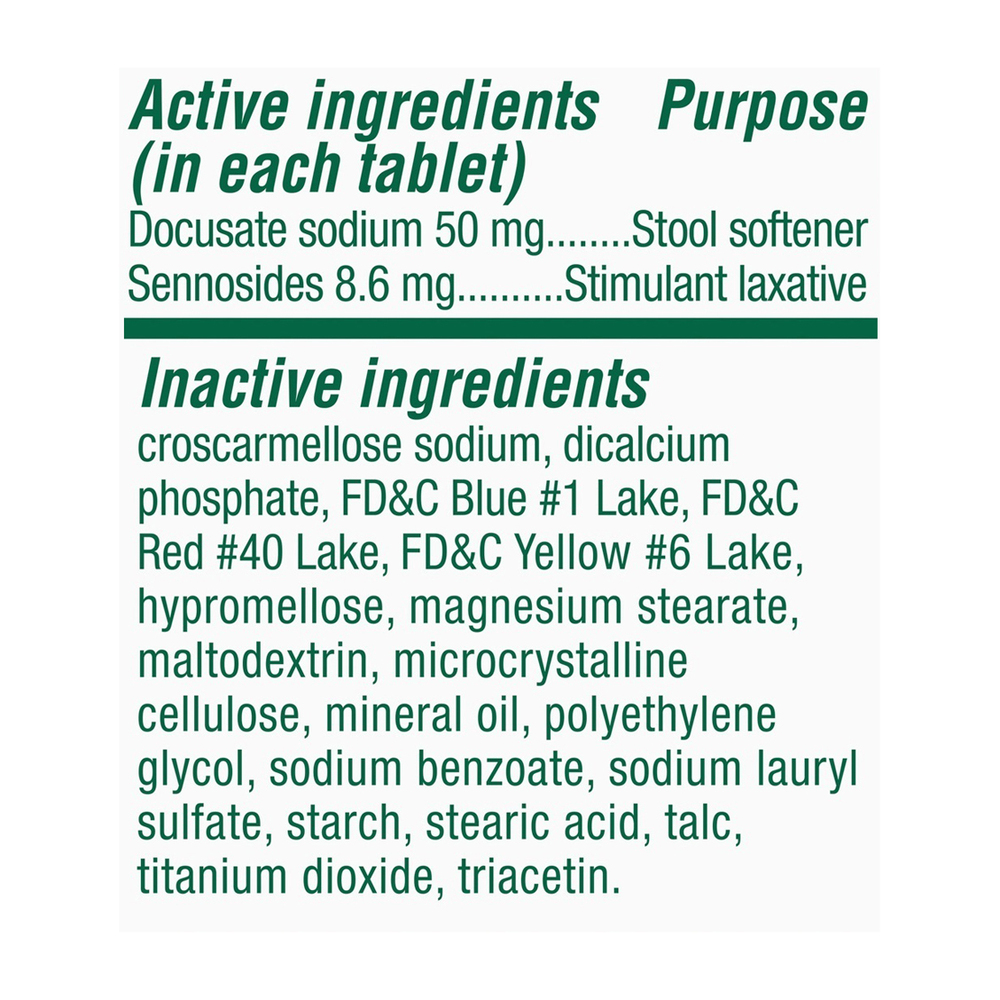 Colace Stool Softener + Stimulant Laxative, 2-in-1, Tablets-Ingredients