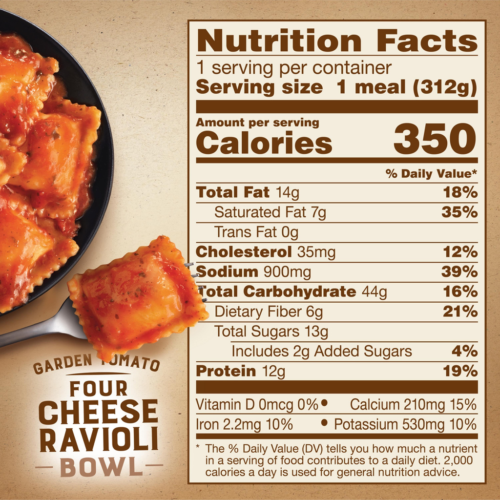 Marie Callender's Four Cheese Ravioli Bowl, Garden Tomato-Nutrition-Facts