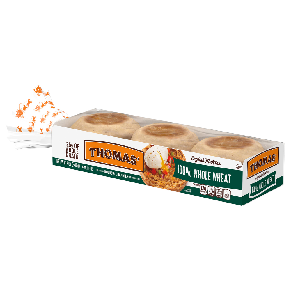 Thomas' English Muffins, 100% Whole Wheat-Front-Right-Elevated