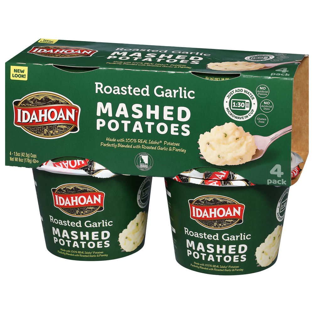 Idahoan Roasted Garlic Mashed Potatoes Cup 4-pack-Front-Right-Elevated