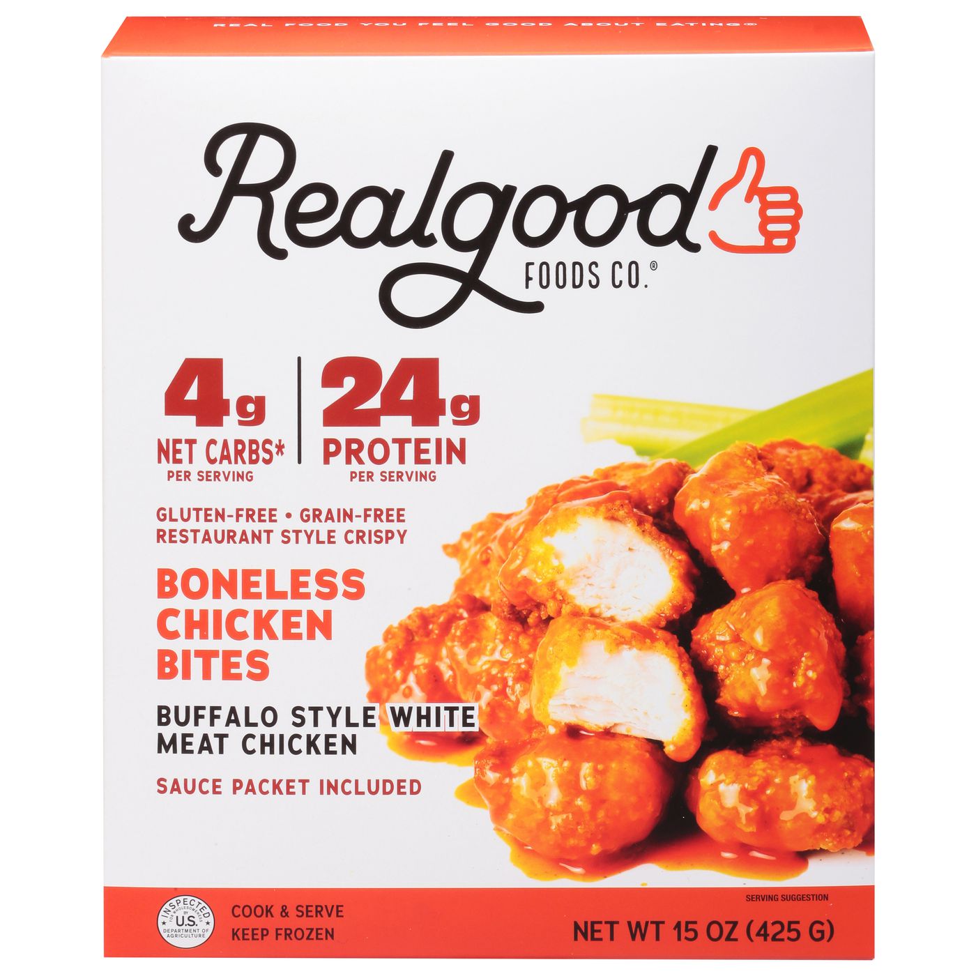 Realgood Foods Co. Chicken Bites, Boneless, Buffalo Style White Meat ...