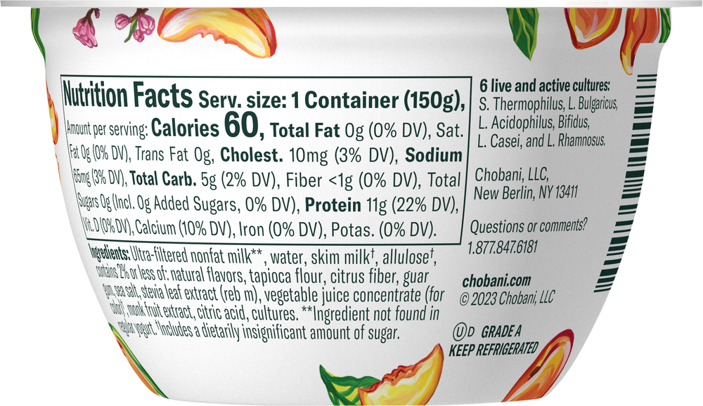 Chobani Yogurt, Greek, Nonfat, Zero Sugar, Peach Flavored-Planogram-Back