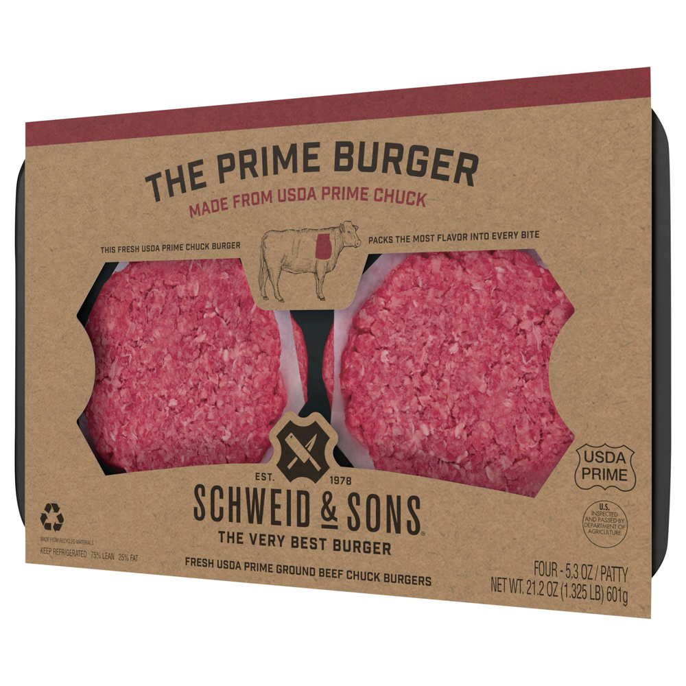 Schweid & Sons Beef Chuck Burgers, Ground, The Prime Burger-Front-Right-Elevated