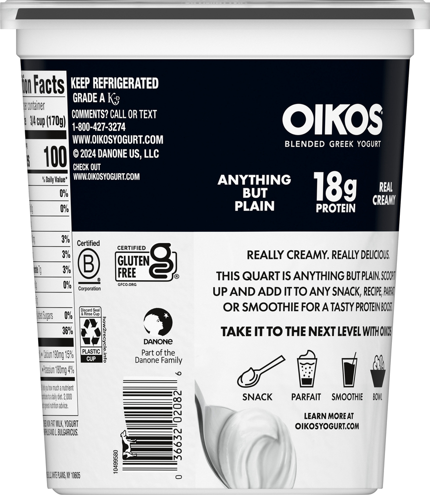 Oikos Yogurt, Nonfat, Greek, Blended, Anything But Plain-Planogram-Back