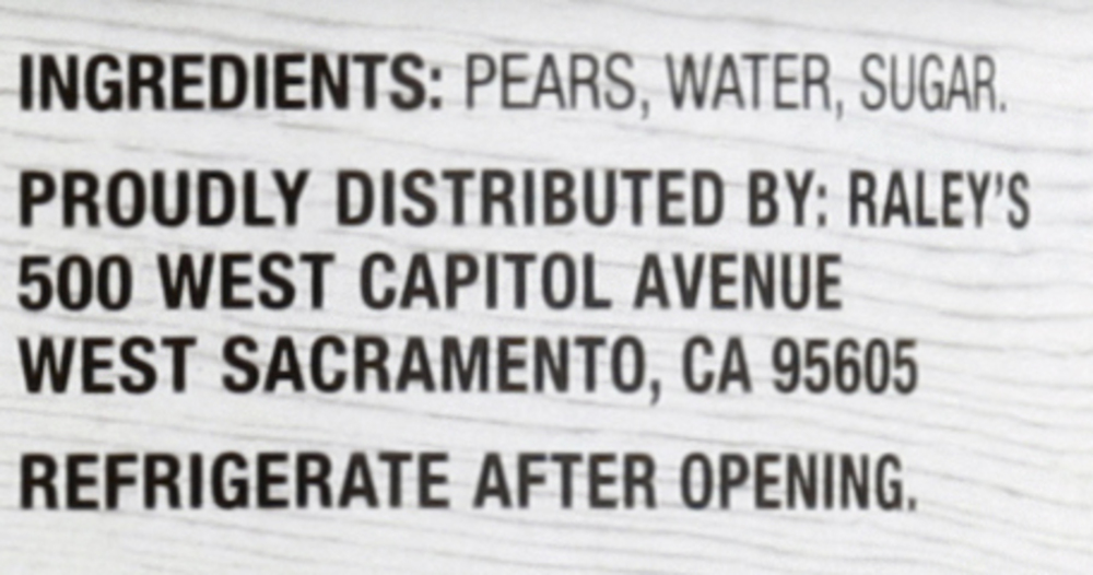 Raley's Pear Halves in Extra Light Syrup-Ingredients