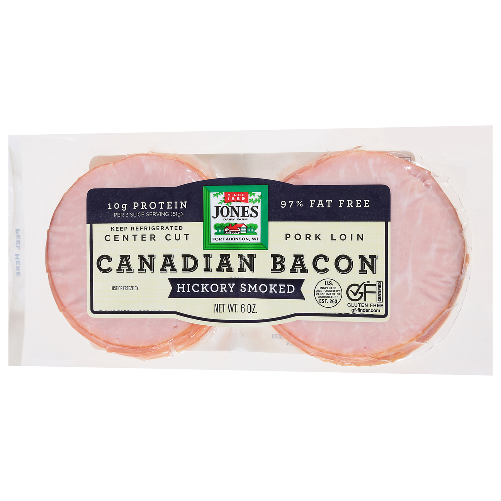 Jones Dairy Farm Bacon, Canadian, Center Cut, Hickory Smoked-Front ...