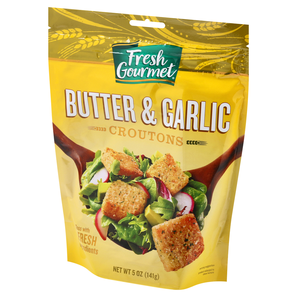 Fresh Gourmet Croutons, Butter & Garlic-Front-Right-Elevated
