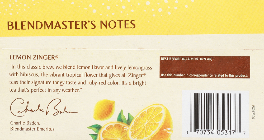 Celestial Seasonings Herbal Tea, Caffeine Free, Lemon Zinger, Tea Bags-Planogram-Back