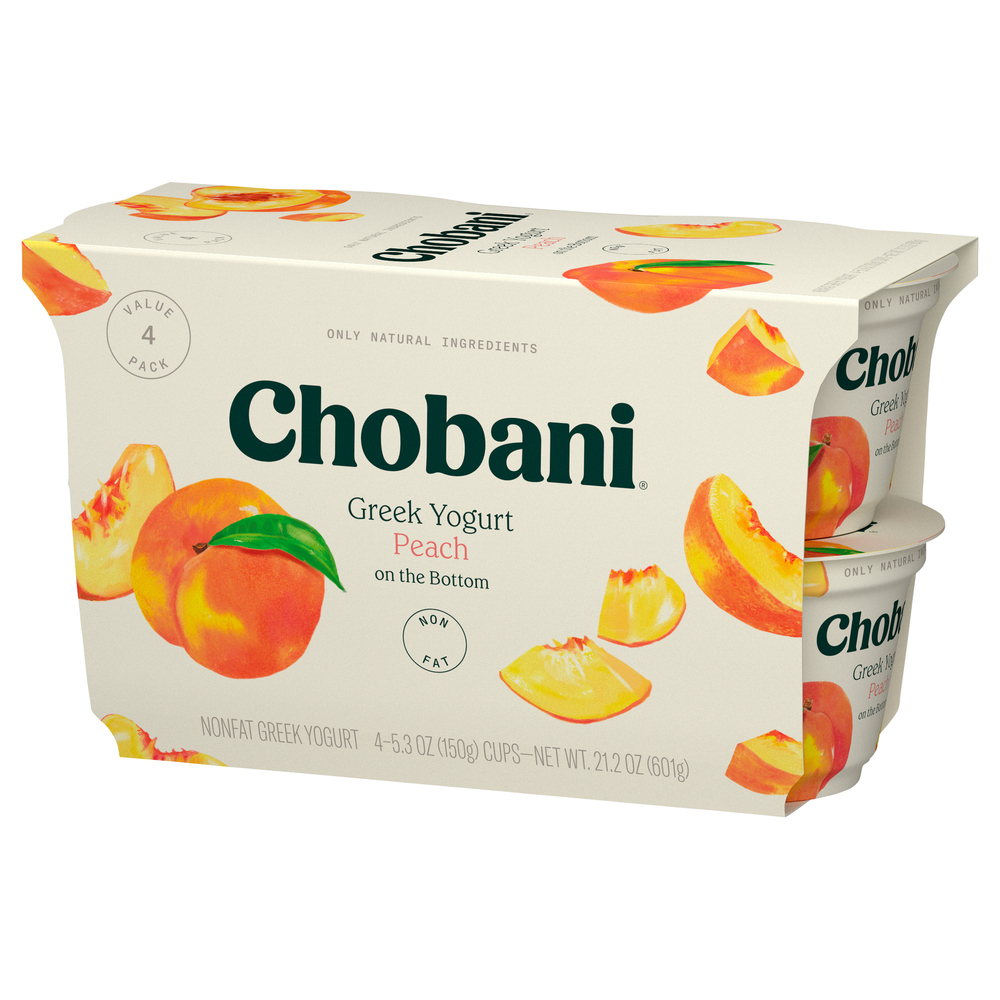Chobani Yogurt, Greek, Nonfat, Peach on the Bottom, 4 Value Pack-Front ...