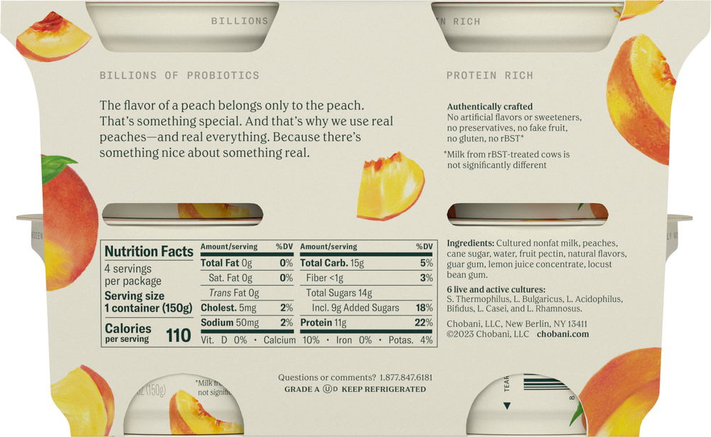 Chobani Yogurt, Greek, Nonfat, Peach on the Bottom, 4 Value Pack ...