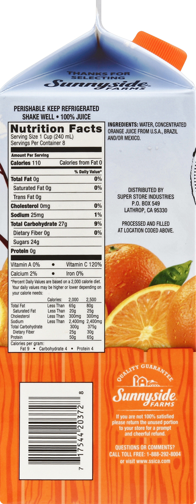 Sunnyside Farms 100% Juice, Pure, Orange, Original-Planogram-Left