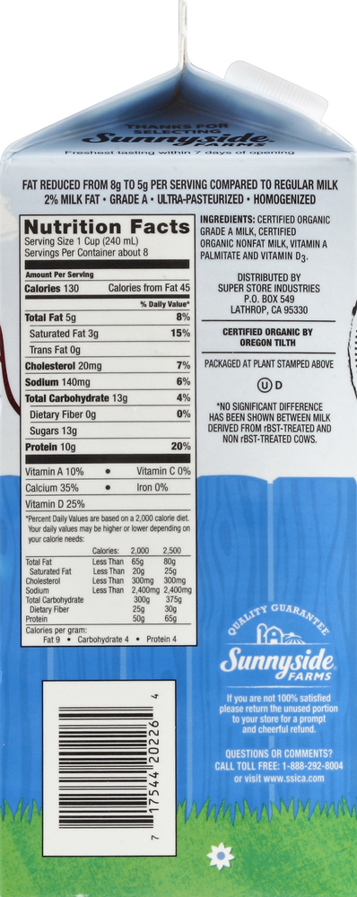 Sunnyside Farms Milk, Organic, Reduced Fat, 2% Milk Fat-Planogram-Left