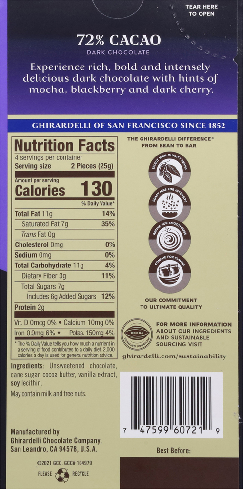 Ghirardelli Dark Chocolate, Intense Dark, 72% Cacao-Planogram-Back