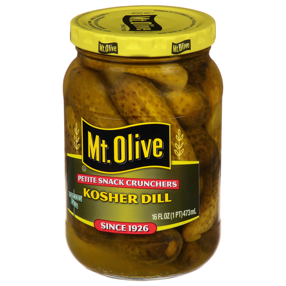 Mt Olive Pickles, Kosher Dill, Petite Snack Crunchers-Front-Right-Elevated