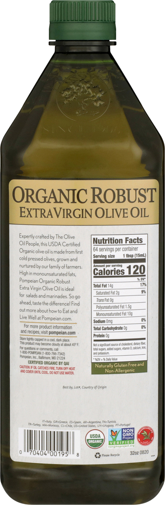 Pompeian Olive Oil, Organic, Extra Virgin, Robust-Planogram-Back