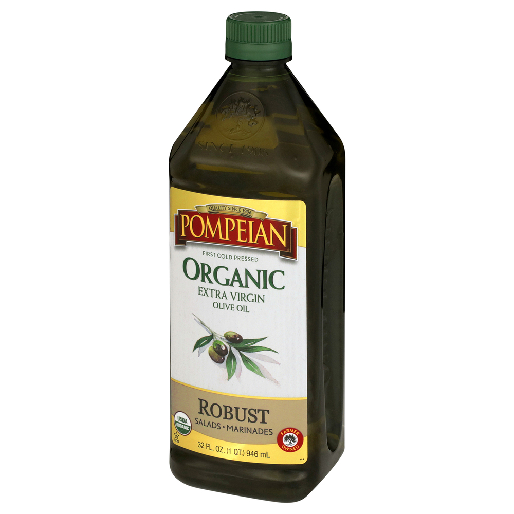 Pompeian Olive Oil, Organic, Extra Virgin, Robust-Front-Right-Elevated