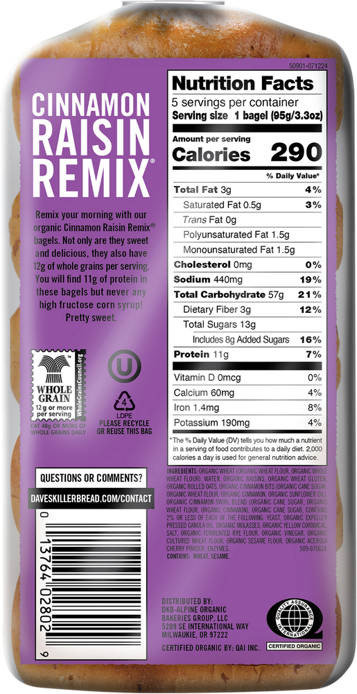 Dave's Killer Bread Organic Cinnamon Raisin Remix Bagels-Planogram-Back