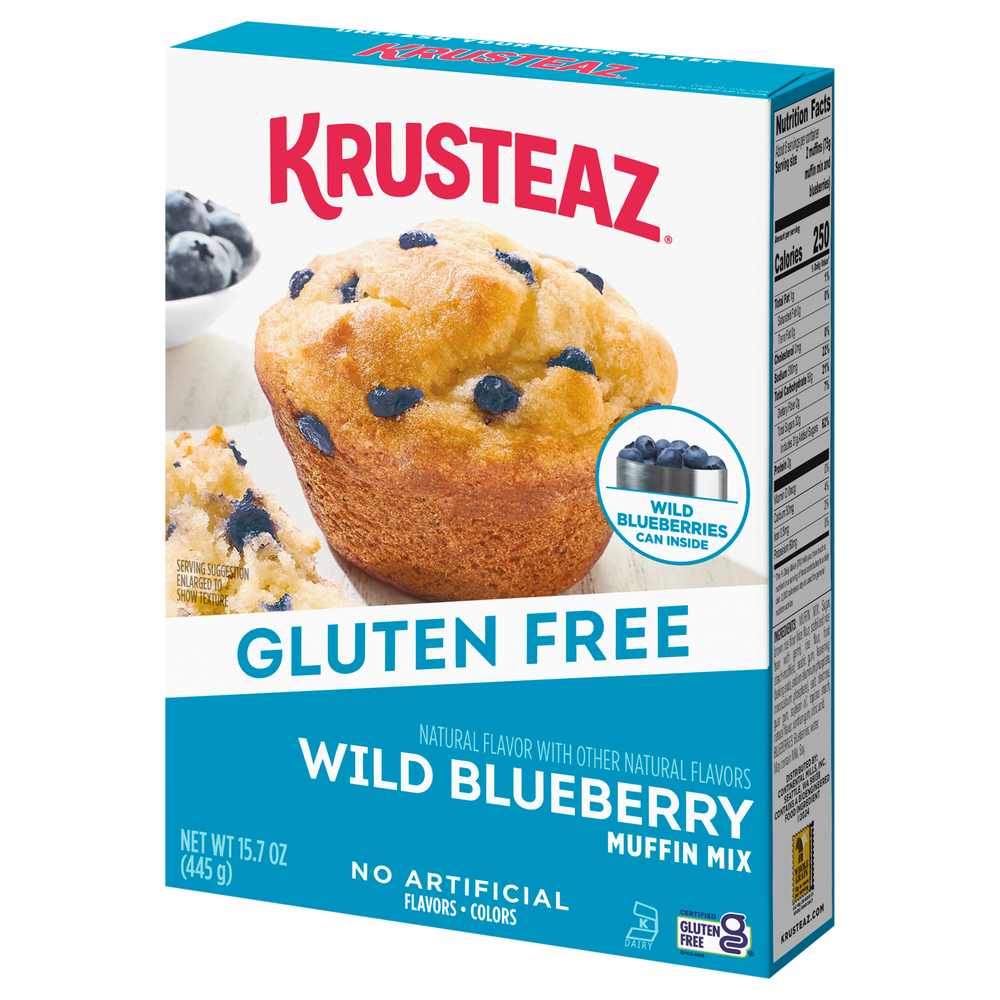 Krusteaz Muffin Mix, Gluten Free, Wild Blueberry-Front-Right-Elevated