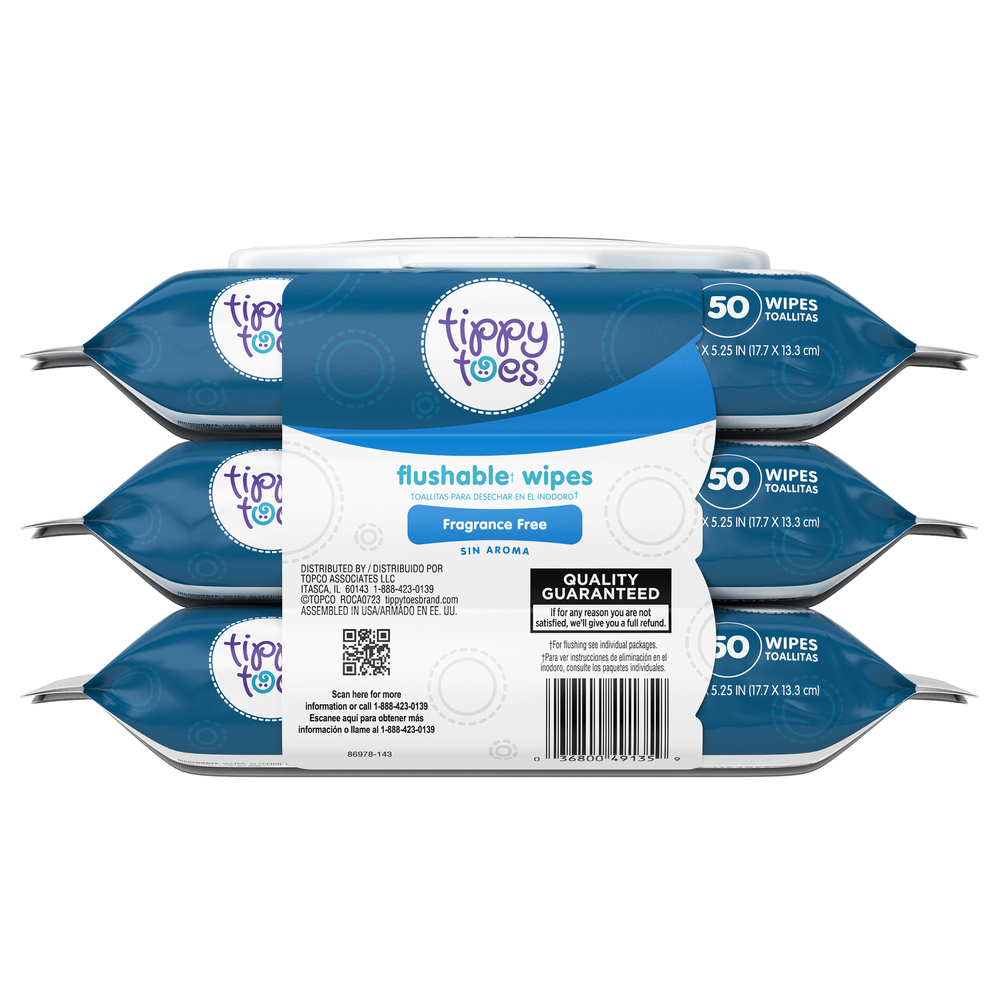 Tippy Toes Wipes, Flushable, Fragrance Free-Planogram-Back