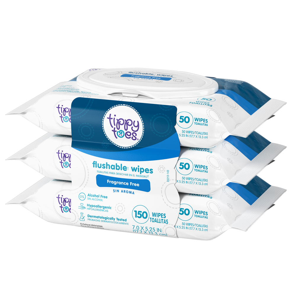 Tippy Toes Wipes, Flushable, Fragrance Free-Front-Right-Elevated