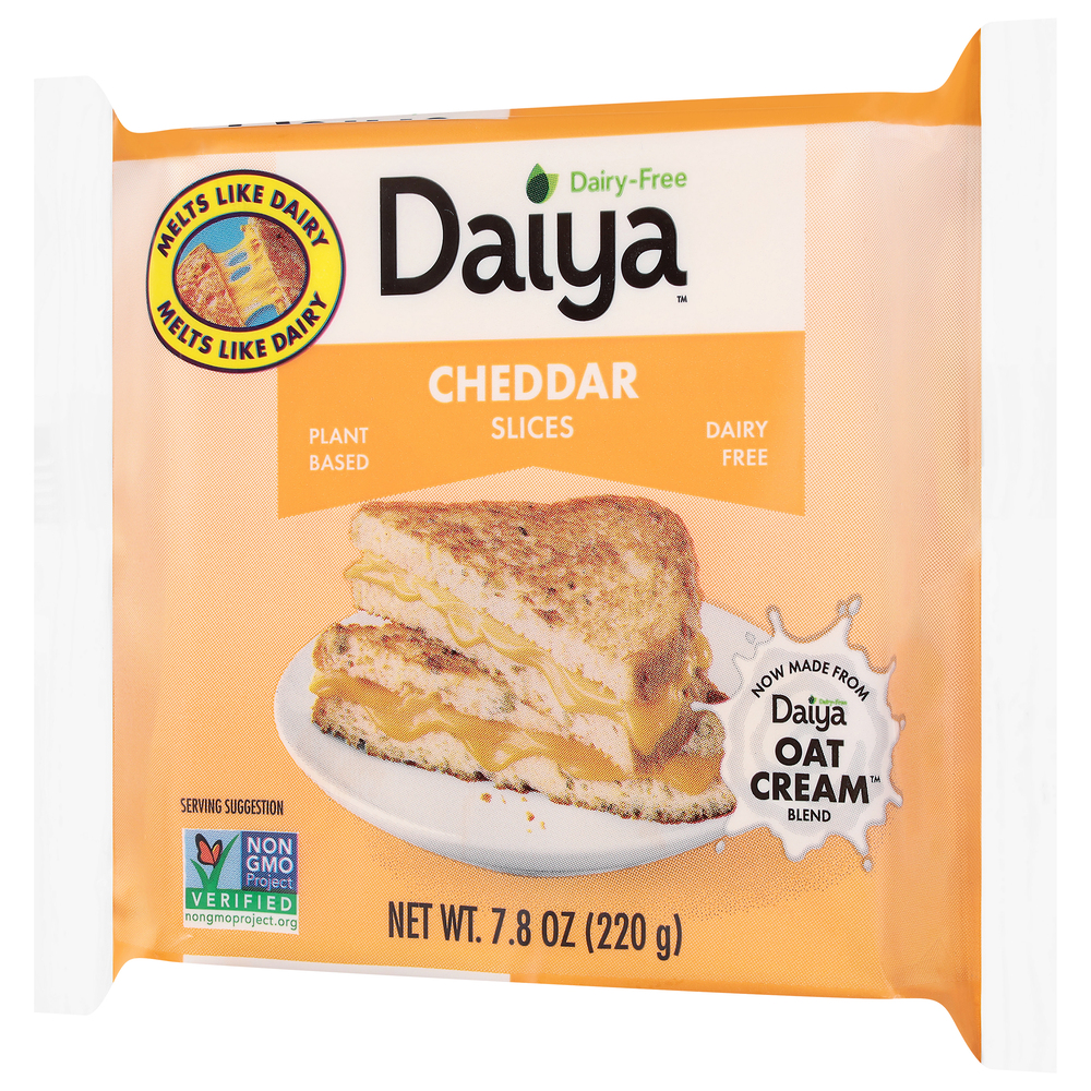 Daiya Cheese Slices, Dairy-Free, Cheddar-Front-Right-Elevated
