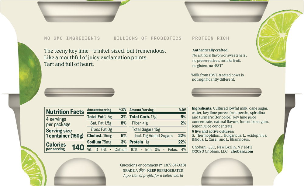 Chobani Yogurt, Greek, Low-Fat, Blended, Key Lime, Value 4 Pack ...