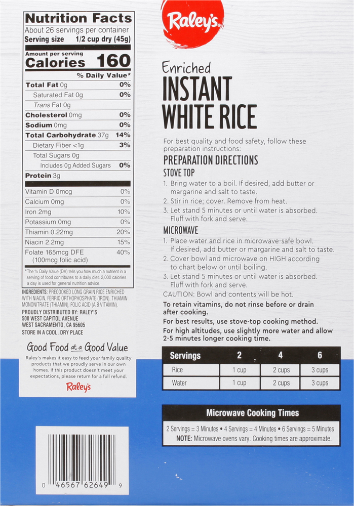 Raley's White Rice, Enriched, Instant, Long Grain-Planogram-Back
