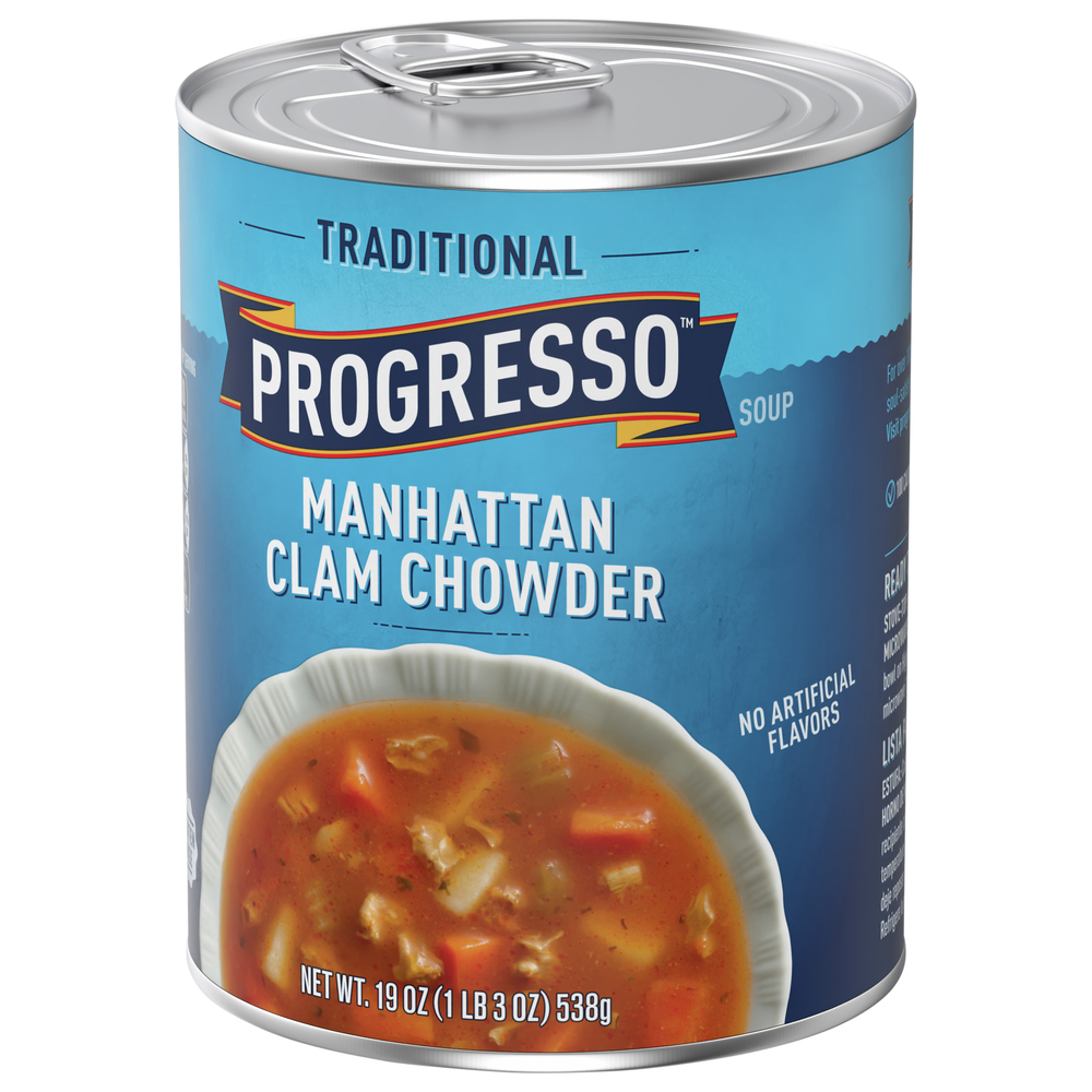 Progresso Soup, Manhattan Clam Chowder, Traditional-Front-Right-Elevated