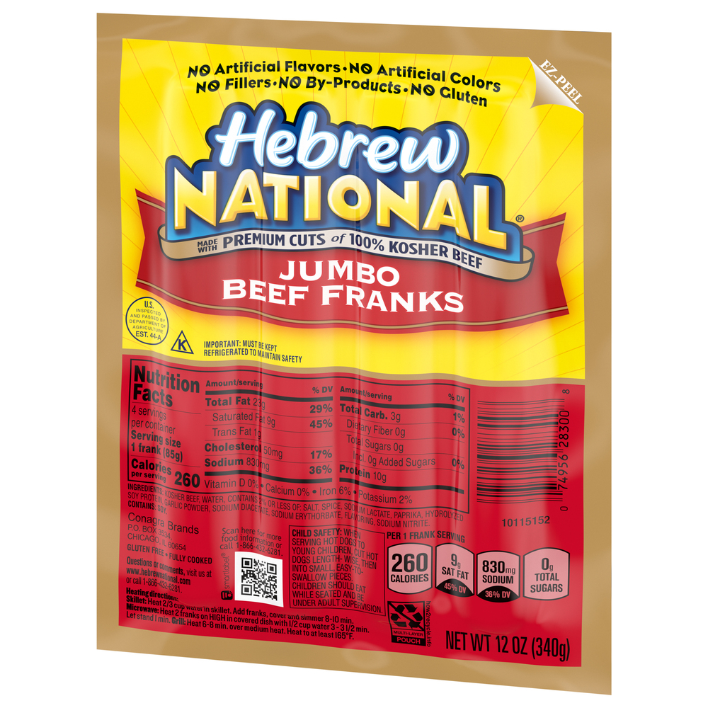 Hebrew National Beef Franks, Jumbo-Front-Right-Elevated