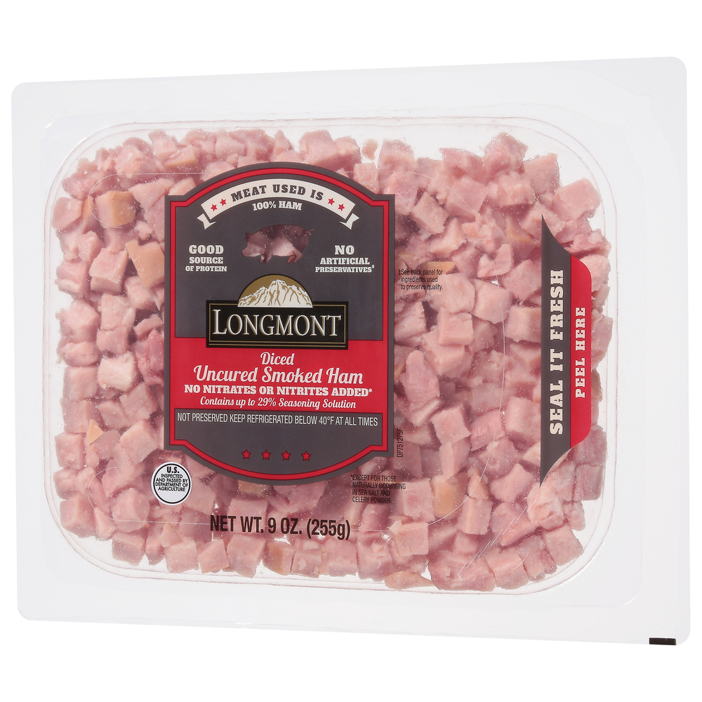 Longmont Ham, Smoked, Uncured, Diced-Front-Right-Elevated