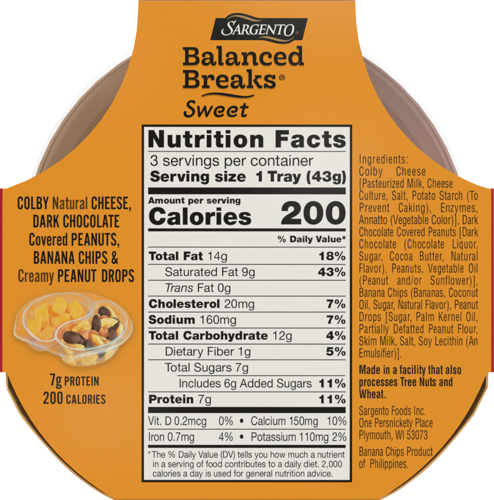 Sargento Balanced Breaks, Sweet, Colby Cheese/Dark Chocolate Peanuts ...