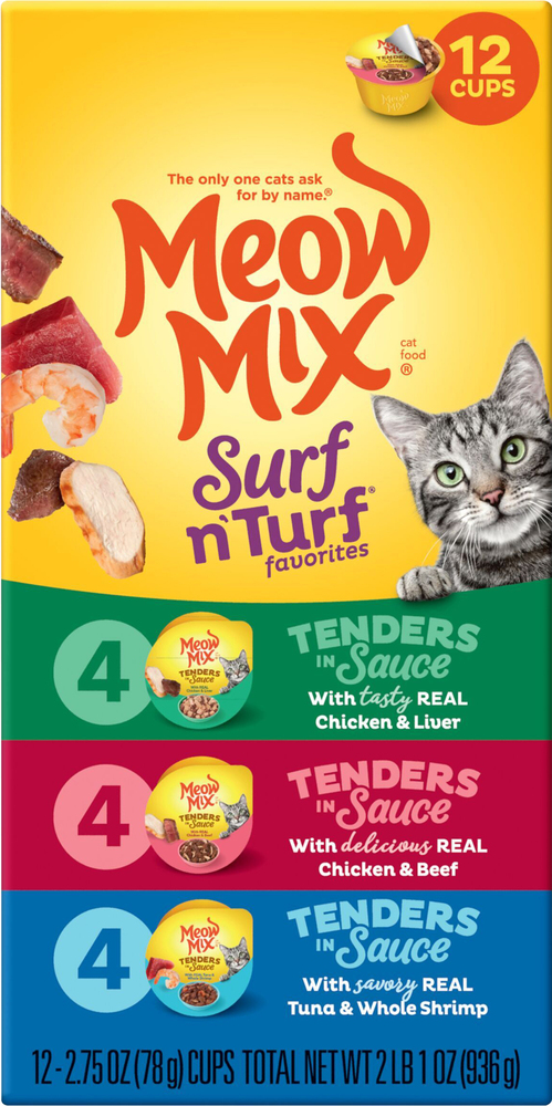 Meow Mix Surf n' Turf Adult Real Chicken & Liver/Real Chicken & Beef ...